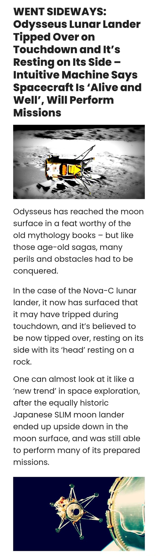 WENT SIDEWAYS: Odysseus Lunar Lander Tipped Over on Touchdown and It's Resting on Its Side ...