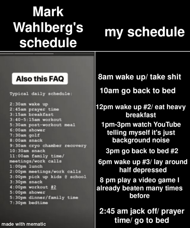 Mark Wahlberg's schedule Also this FAQ Typical daily schedule: :30am ...