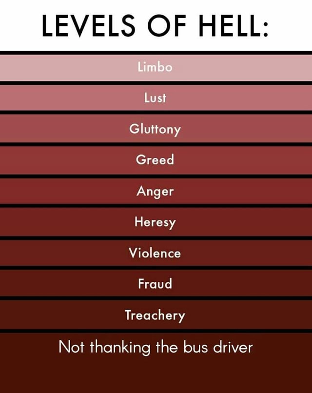 LEVELS OF HELL Greed Treachery Not Thanking The Bus Driver 
