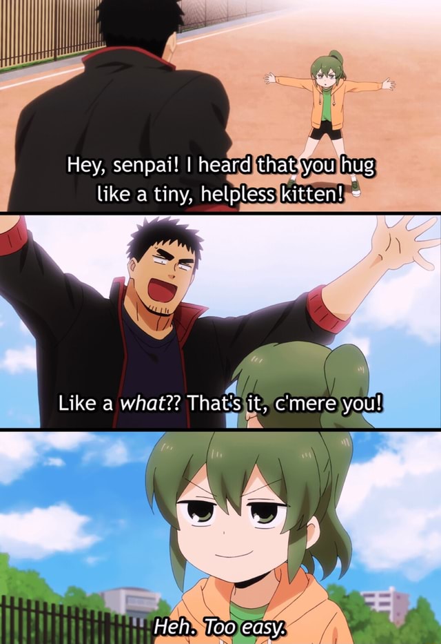Hey, senpai! I heard that you hug like a tiny, helpless kitten! Like ...