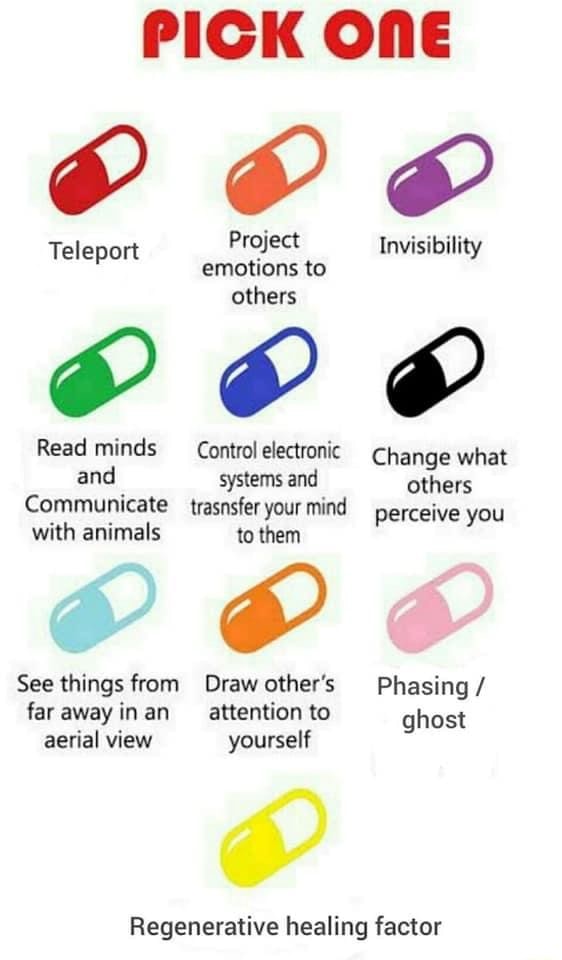 PICK ONE Teleport Project Invisibility emotions to others Read minds ...
