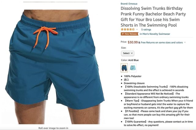 Brand: Emosua Dissolving Swim Trunks Birthday Prank Funny Bachelor ...