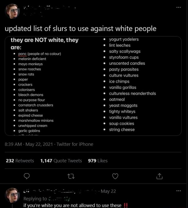 Updated list of slurs to use against white people they are NOT white ...