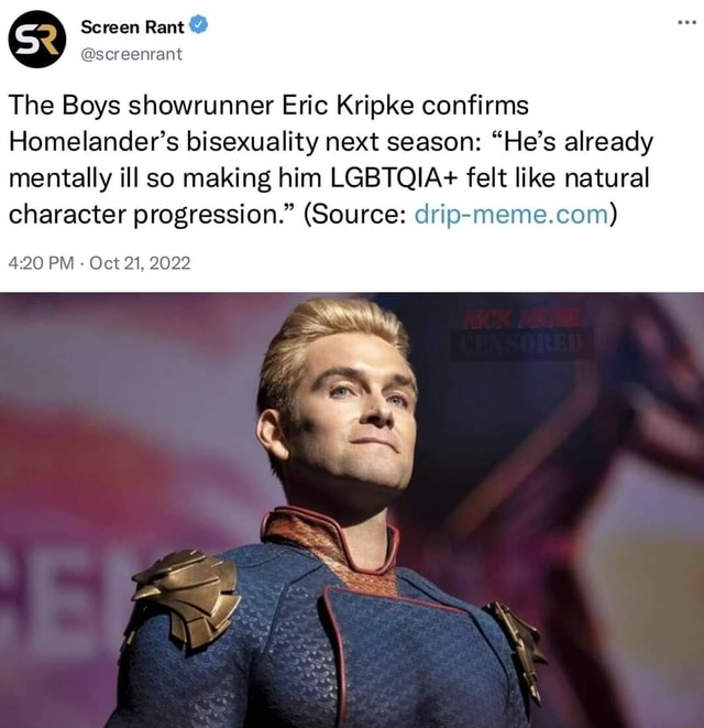 Screen Rant @screenrant The Boys showrunner Eric Kripke confirms Homelander's bisexuality next ...