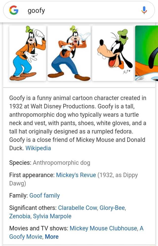 Goofy is a funny animal cartoon character created in 1932 at Walt ...