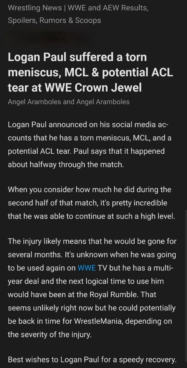 Wrestling News I WW and AEW Results, Spoilers, Rumors & Scoops Logan Paul suffered a torn ...