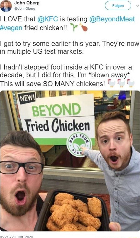 John Oberg I LOVE that @KFC is testing @BeyondMeat #vegan fried chicken ...