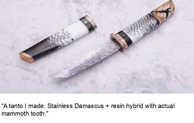 "Atanto I made. Stainless Damascus + resin hybrid with actual mammoth ...