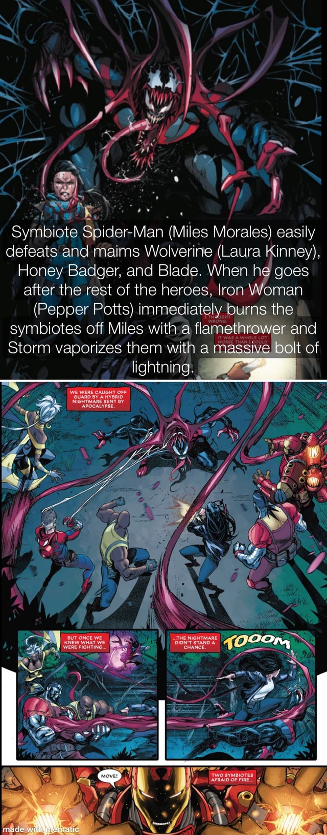 Symbiote Spider-Man (Miles Morales) easily defeats and maims Wolverine ...