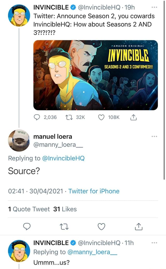 INVINCIBLE @ @InvincibleHQ - Twitter: Announce Season 2, you cowards ...