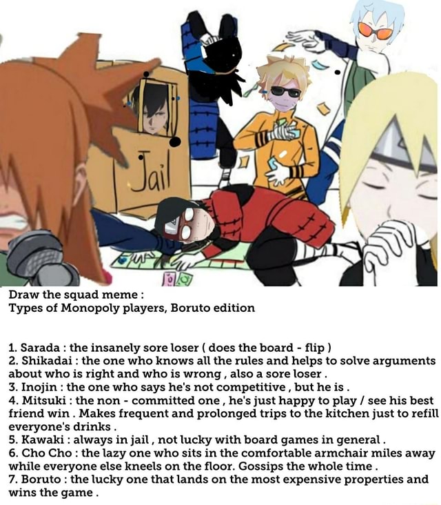 Draw the squad meme Types of Monopoly players, Boruto edition 1. Sarada ...