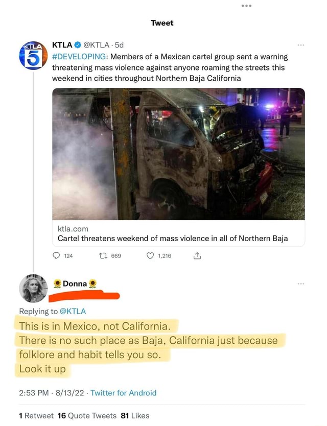 Tweet KTLA@ @KTLA: #DEVELOPING: Members of a Mexican cartel group sent ...