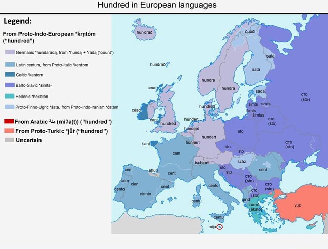 Hundred in European languages sata simts (sto) sto (to) Legend: From ...