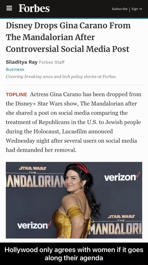 Forbes Disney Drops Gina Carano From The Mandalorian After ...