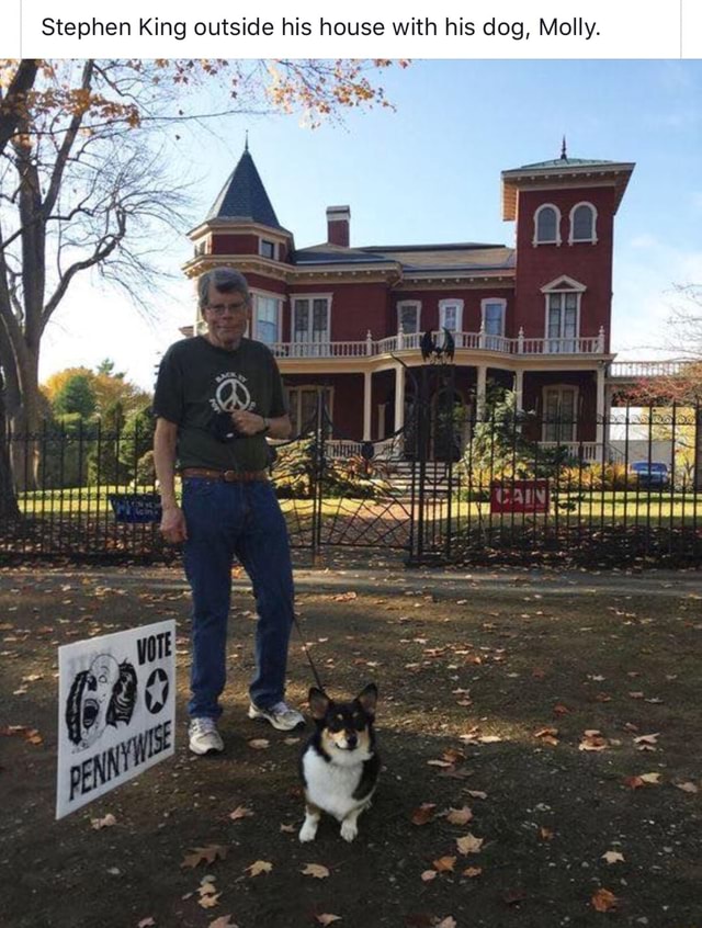 Stephen King outside his house with his dog, Molly. - iFunny