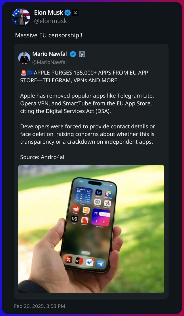 Elon Musk lp @elonmusk Massive EU censorship! Mario Nawfal @MarioNawfal ...