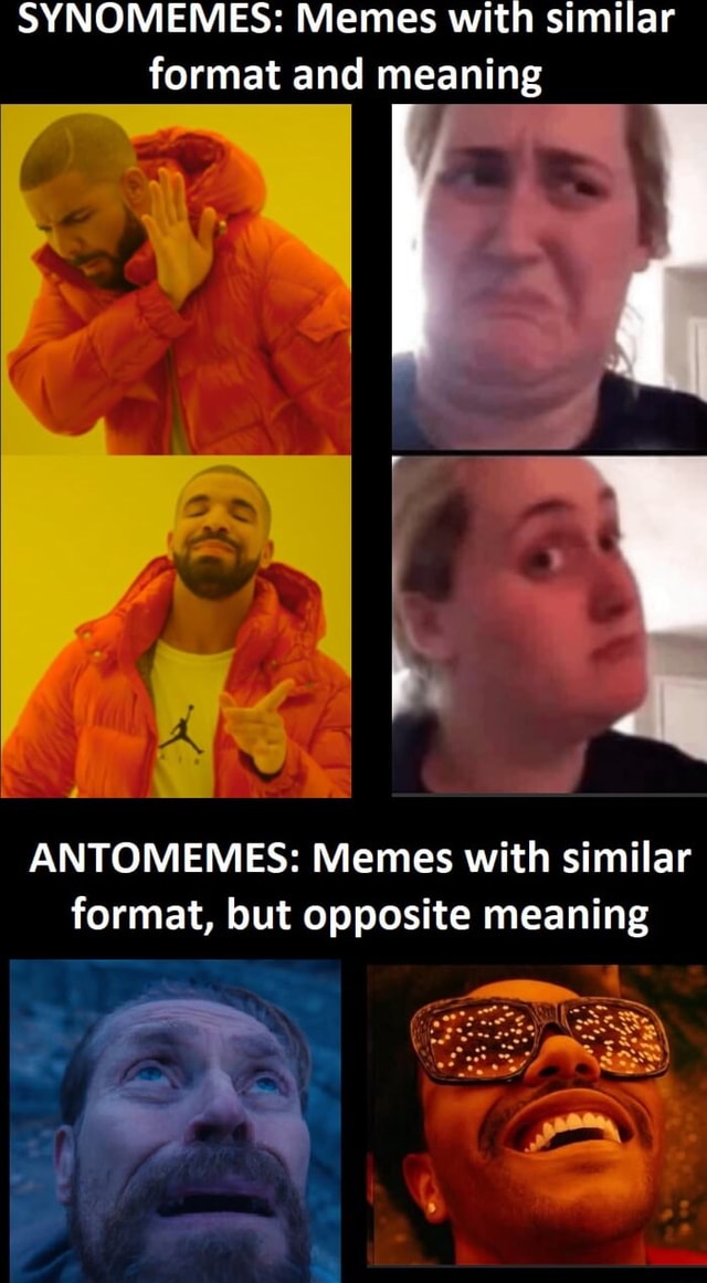 SYNOMEMES: Memes with similar format and meaning ANTOMEMES: Memes with ...