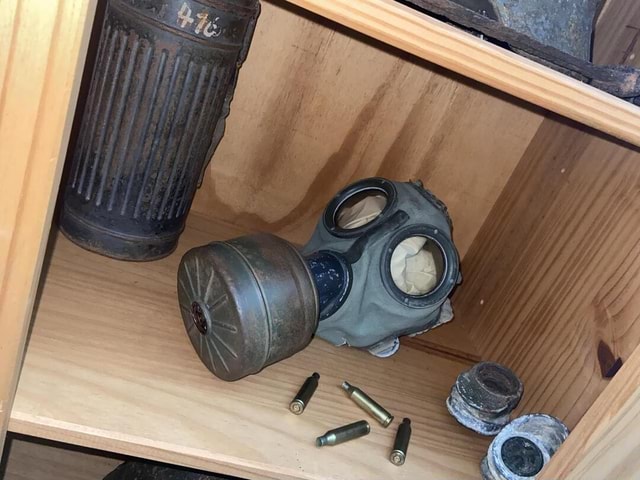 Gas masks, canister, relic gas mask valves + modern bullet casings. - )