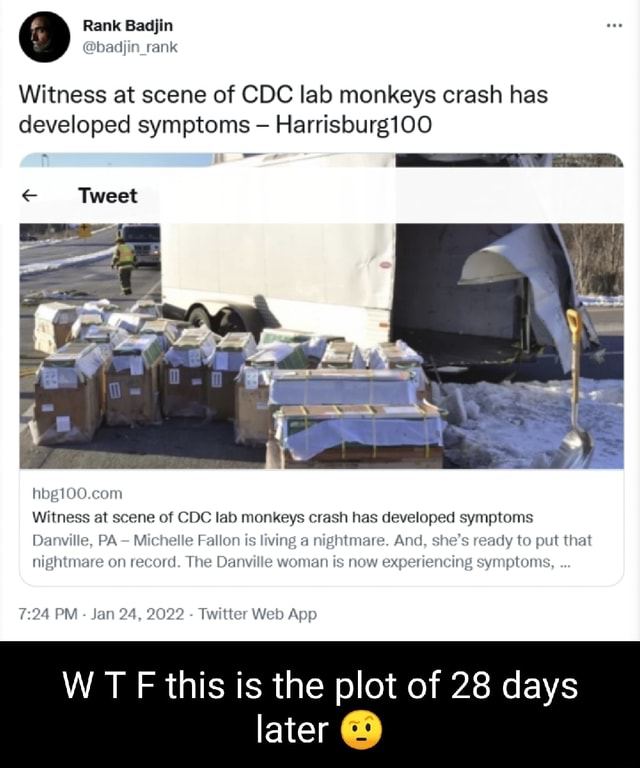 Witness at scene of CDC lab monkeys crash has developed symptoms ...