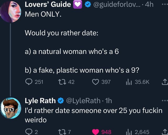 Lovers' Guide @ @guideforlov...- Men ONLY. Would you rather date: a) a ...