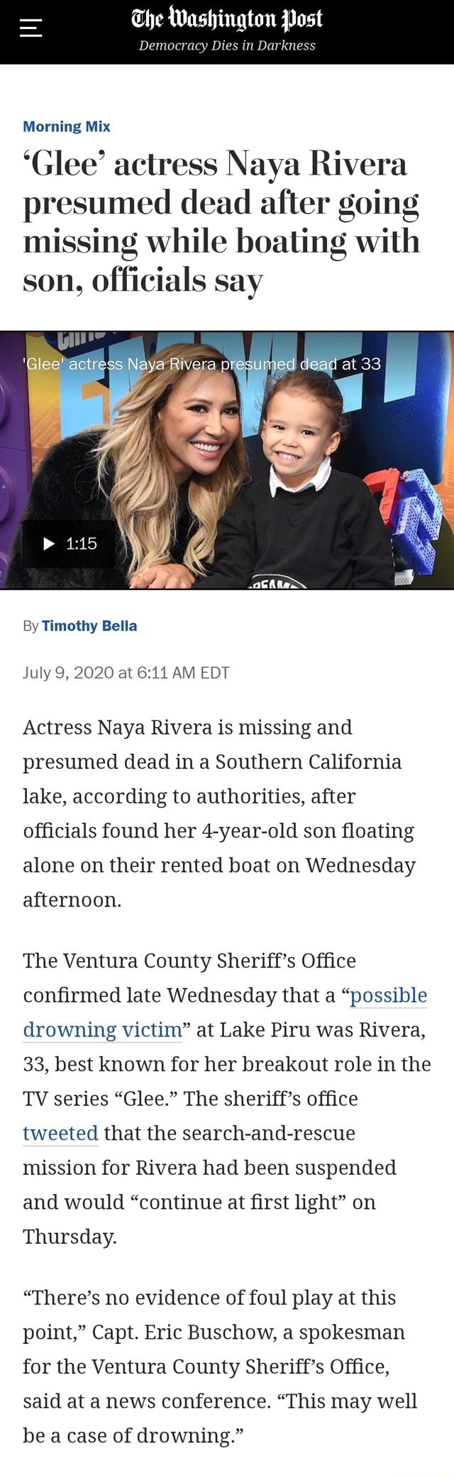 The Washington Post Democracy Dies in Darkness Morning Mix "Glee" actress Naya Rivera presumed ...