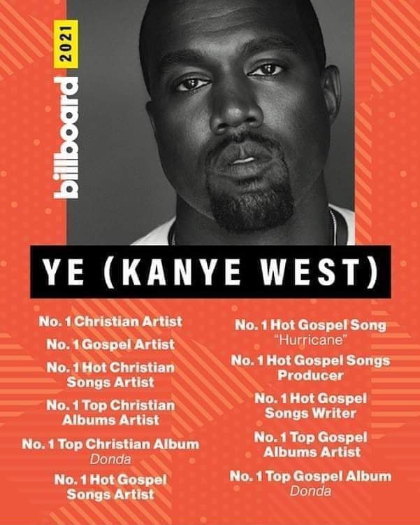 YE (KANYE WEST) billboard No. 1 Christian Artist No. 1Gospel Artist No ...
