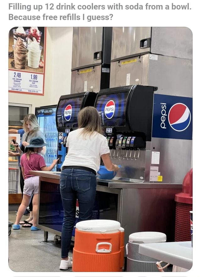 Filling up 12 drink coolers with soda from a bowl. Because free refills ...
