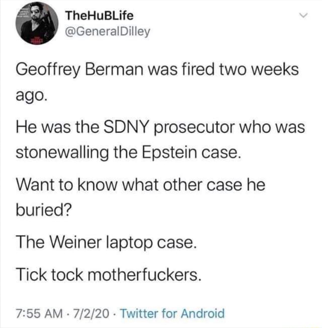Geoffrey Berman was fired two weeks ago. He was the SDNY prosecutor who ...