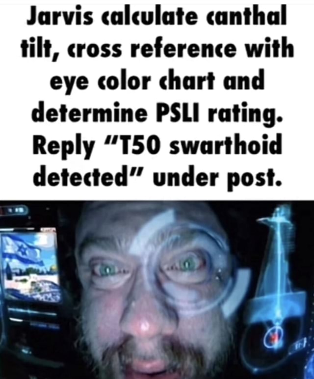 Jarvis calculate canthal tilt, cross reference with eye color chart and ...