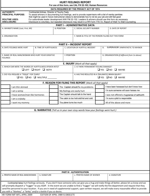 HURT FEELINGS REPORT For use of this form, see CAL FM 22-102; Human ...