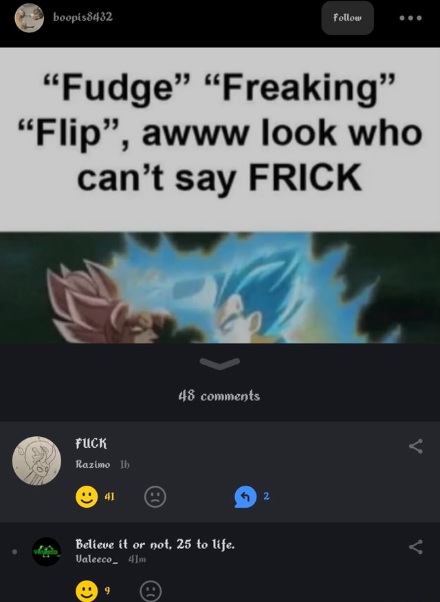 Follow "Fudge" "Freaking" "Flip", awww look who can't say FRICK AS comments FUCK Razimo Believe ...