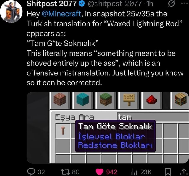 Shitpost 2077 @shitpost_2077 - ve Hey @Minecraft, in snapshot 25w35a ...