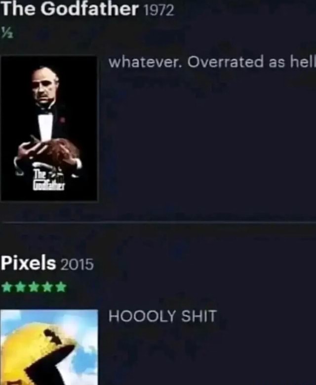 The Godfather 1972 whatever. Overrated as hell Pixels 2015 HOOOLY SHIT ...