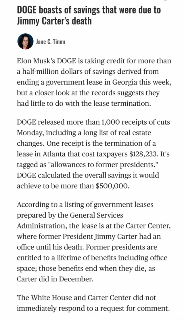 DOGE boasts of savings that were due to Jimmy Carter's death Jane C ...