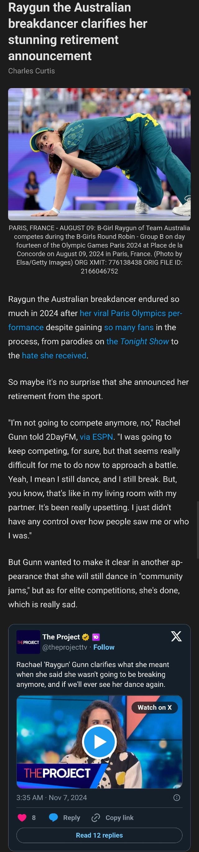 Raygun the Australian breakdancer clarifies her stunning retirement ...