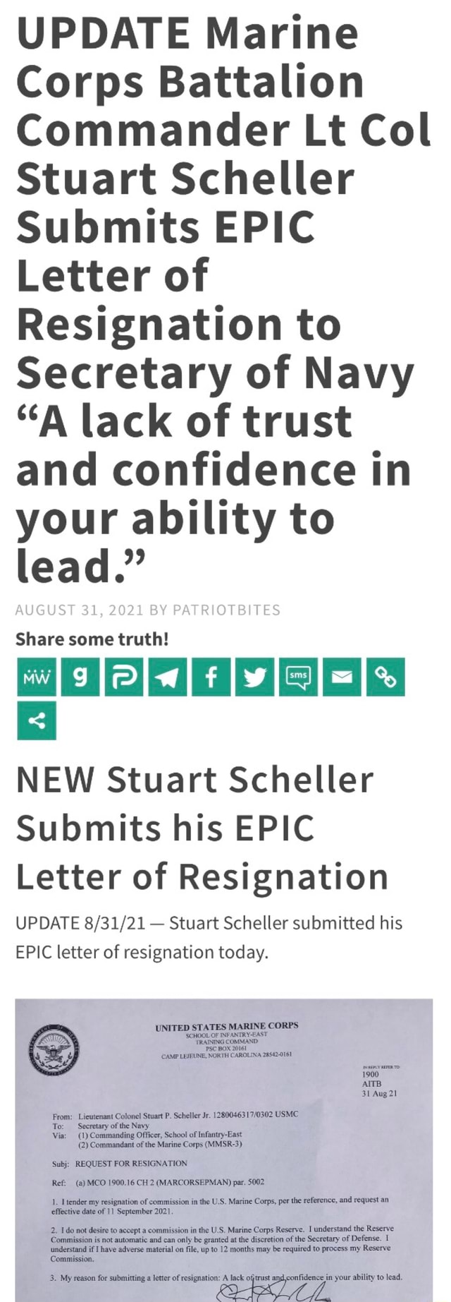 UPDATE Marine Corps Battalion Commander Lt Col Stuart Scheller Submits ...