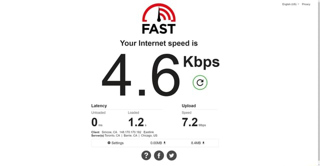 FAST Your Internet speed is Kbps 4.60 Latency Upload Unloaded Loaded Speed 0.. 1.2. Client ...