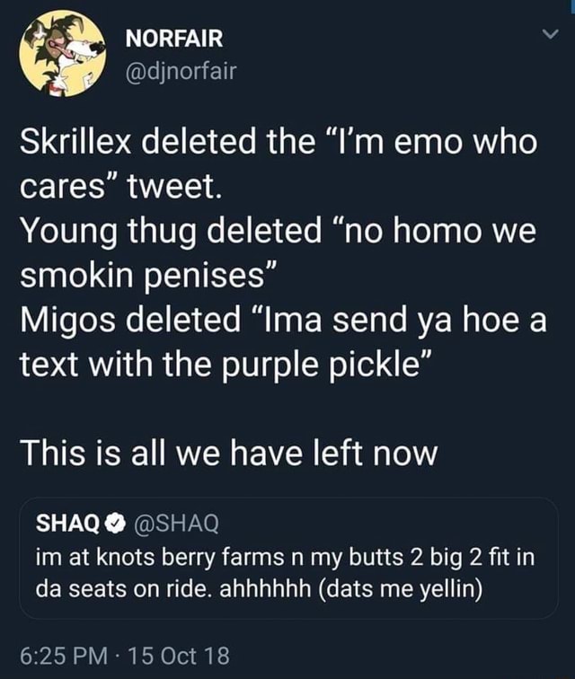 Skrillex deleted the "I'm emo who cares" tweet. Young thug deleted "no ...