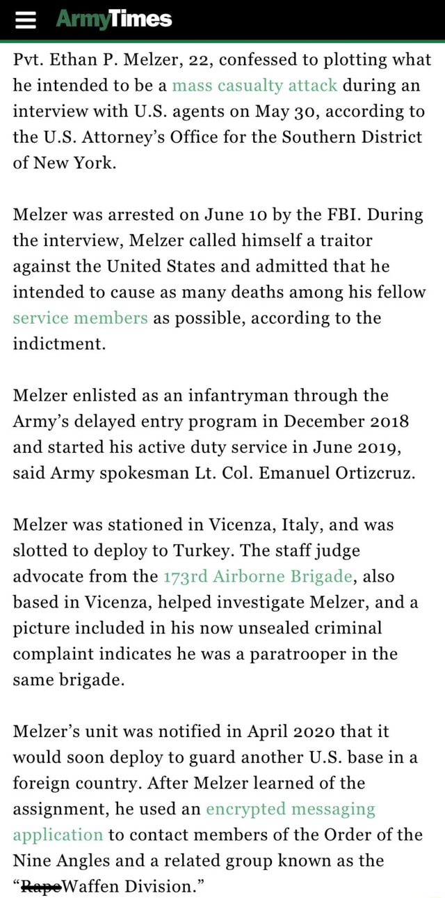 Times Pvt. Ethan P. Melzer, 22, confessed to plotting what he intended ...