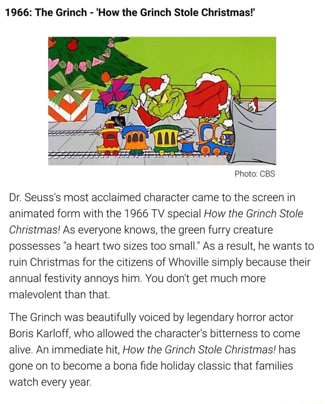 1966: The Grinch 'How the Grinch Stole Christmas! Photo: CBS Dr. Seuss ...