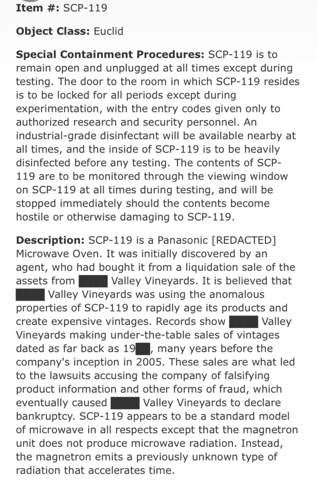 Object Class: Euclid Special Containment Procedures: SCP-119 is to remain open and unplugged at ...