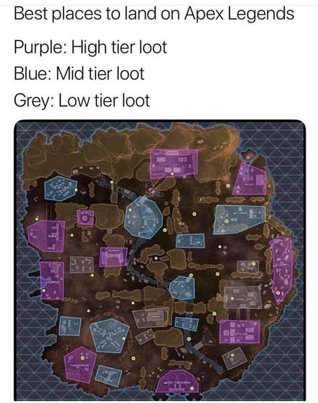 Best places to land on Apex Legends Purple: High tier loot Blue: Mid ...