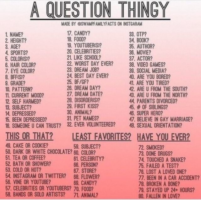 A QUESTION THINGY MADE BY @SWAMPFAMILYFACTS ON INSTGARAM 1. NAME? 17 ...