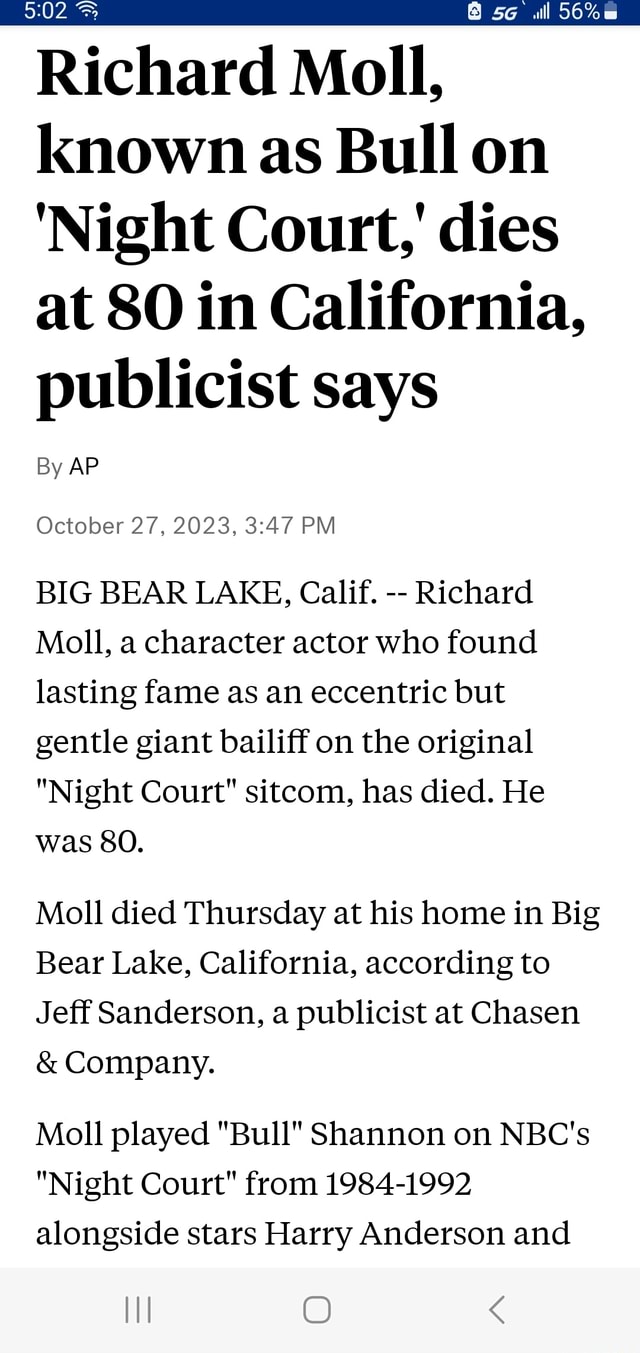 Richard Moll, known as Bull on 'Night Court,' dies at 80 in California ...