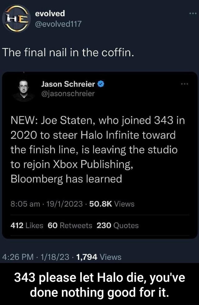 Evolved The final nail in the coffin. Jason Schreier @ NEW: Joe Staten ...