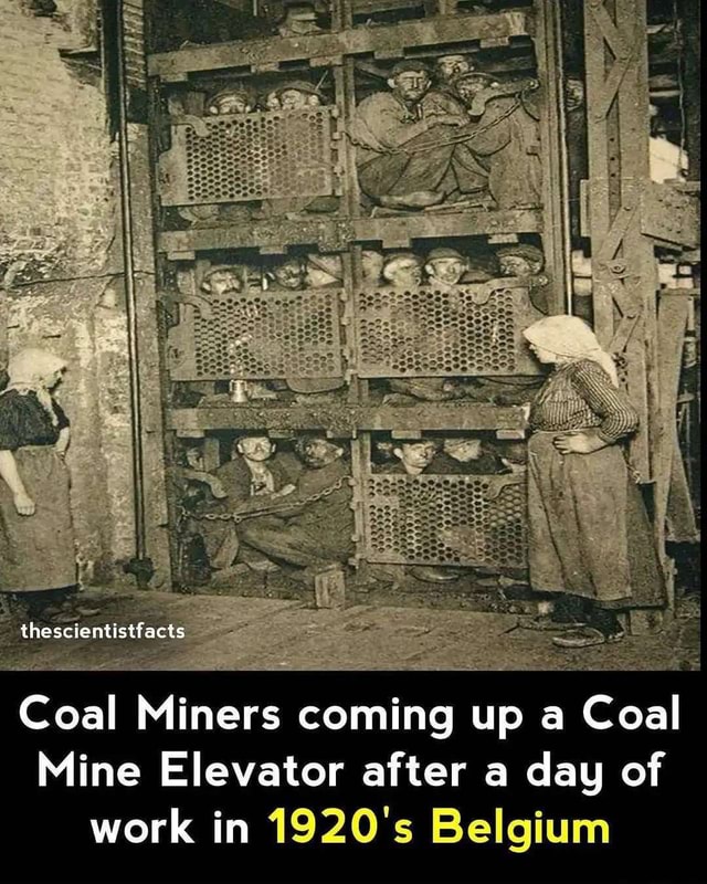 Scientist facts Coal Miners coming up a Coal Mine Elevator after a day ...