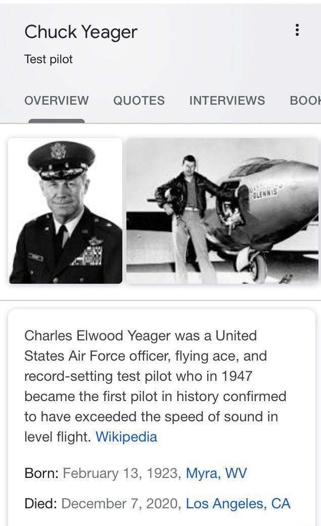 Chuck Yeager Test pilot OVERVIEW QUOTES INTERVIEWS Boo! Charles Elwood ...
