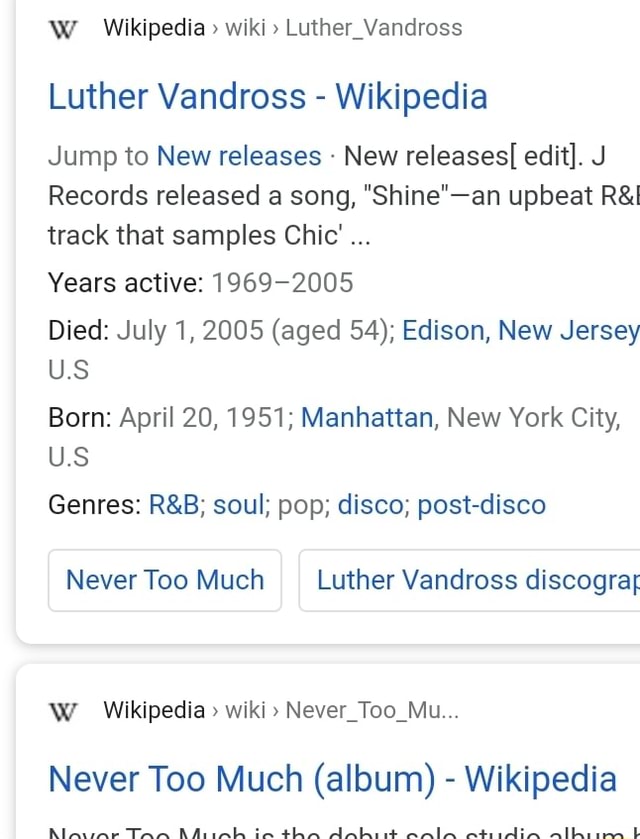 W Wikipedia Luther_Vandross Luther Vandross Wikipedia Jump to New releases New releases] edit ...