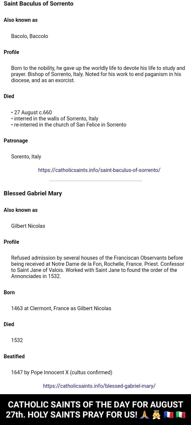 Saint Baculus of Sorrento Also known as Bacolo, Baccolo Profile Born to ...