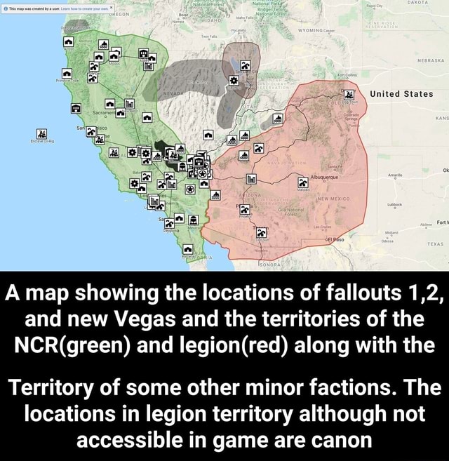 A map showing the locations of fallouts 1,2, and new Vegas and the ...